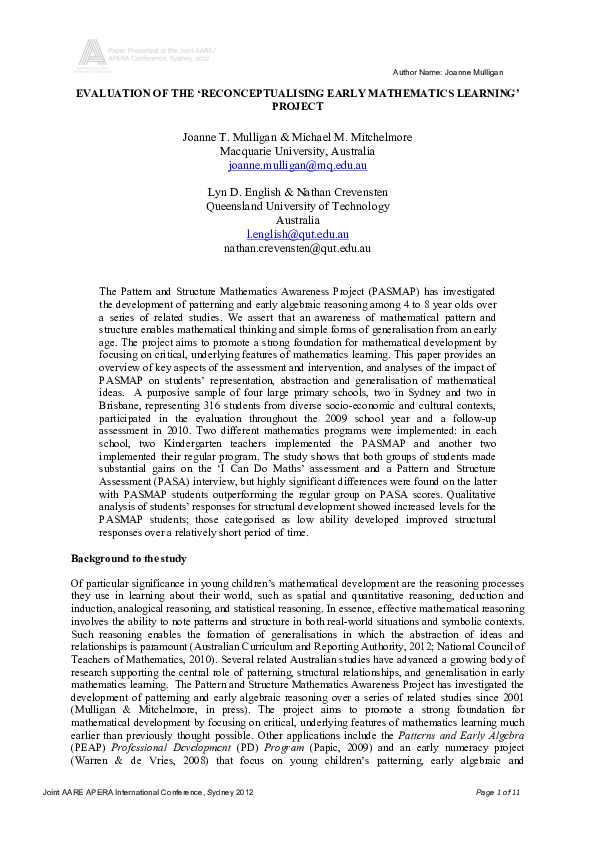 (PDF) Evaluation of the "reconceptualising early mathematics learning ...