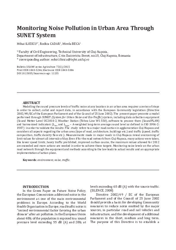 (PDF) Monitoring Noise Pollution in Urban Area Through SUNET System