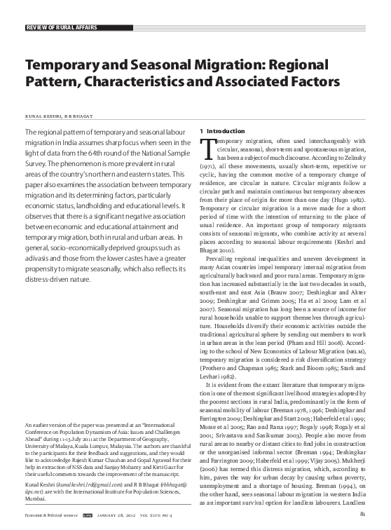 (PDF) Temporary and Seasonal Migration: Regional Pattern ...