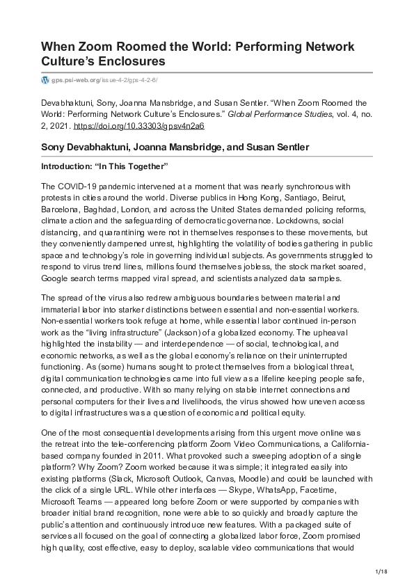 (PDF) When Zoom Roomed the World: Performing Network Culture's Enclosures