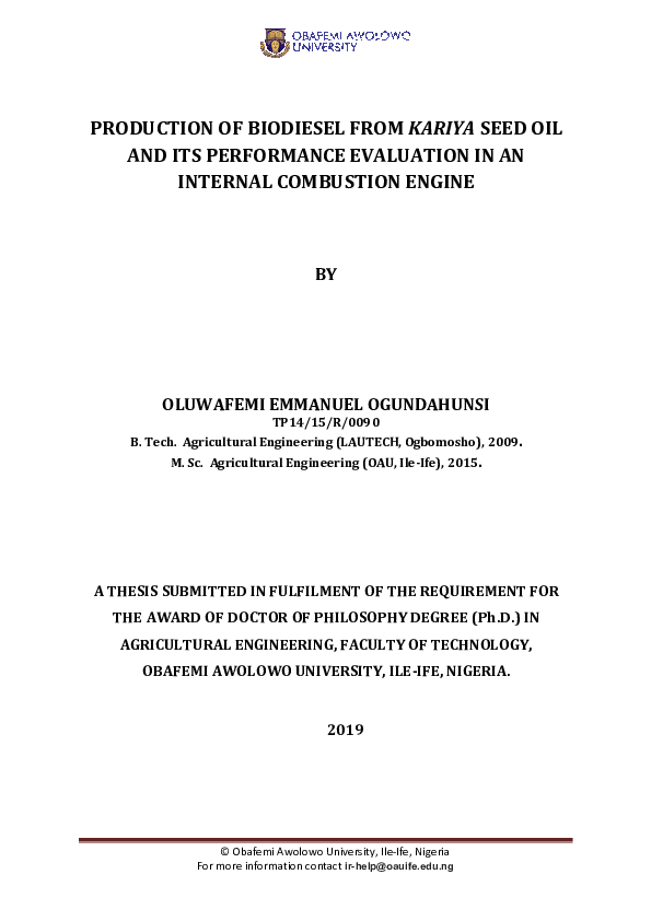 (PDF) Production of Biodiesel from Kariya Seed Oil and Its Performance Evaluation in an Internal ...