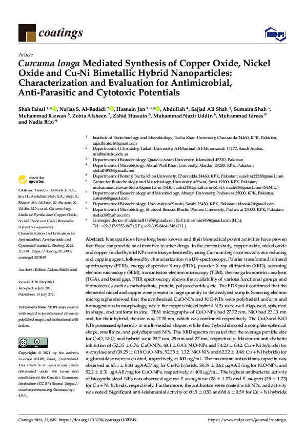 (PDF) Curcuma longa Mediated Synthesis of Copper Oxide, Nickel Oxide ... (PDF) Curcuma longa Mediated Synthesis of Copper Oxide, Nickel Oxide ...