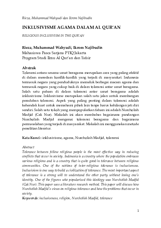 (PDF) INKLUSIVISME AGAMA DALAM AL QUR'AN RELIGIOUS INCLUSIVISM IN THE ...