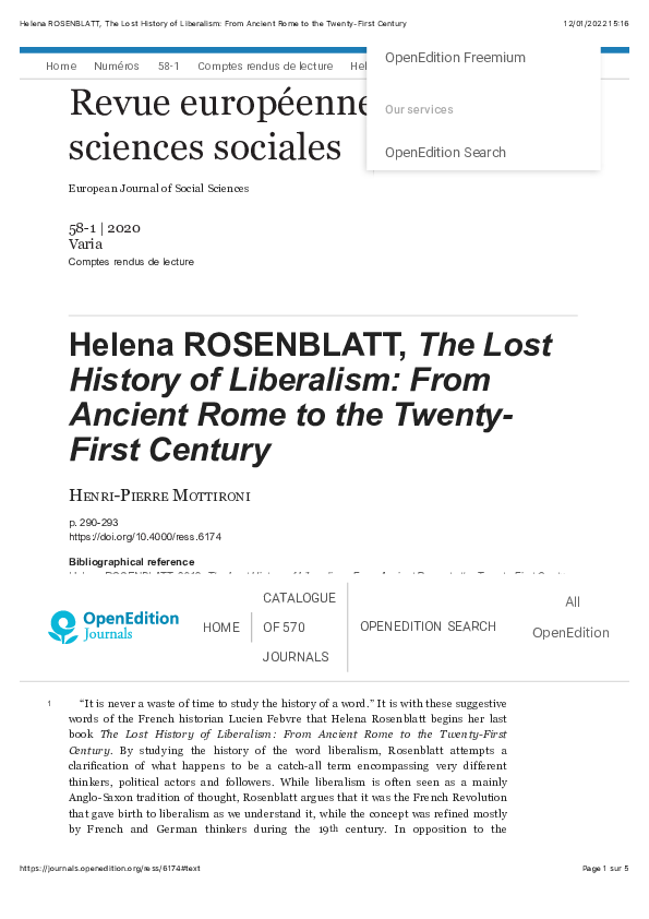 (PDF) Helena Rosenblatt, The Lost History of Liberalism: From Ancient ...