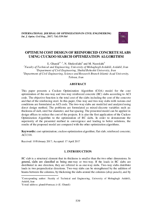 (PDF) Optimum Cost Design of Reinforced Concrete Slabs Using Cuckoo Search Optimization Algorithm