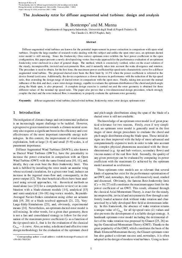 (PDF) The Joukowsky rotor for diffuser augmented wind turbines: design ...