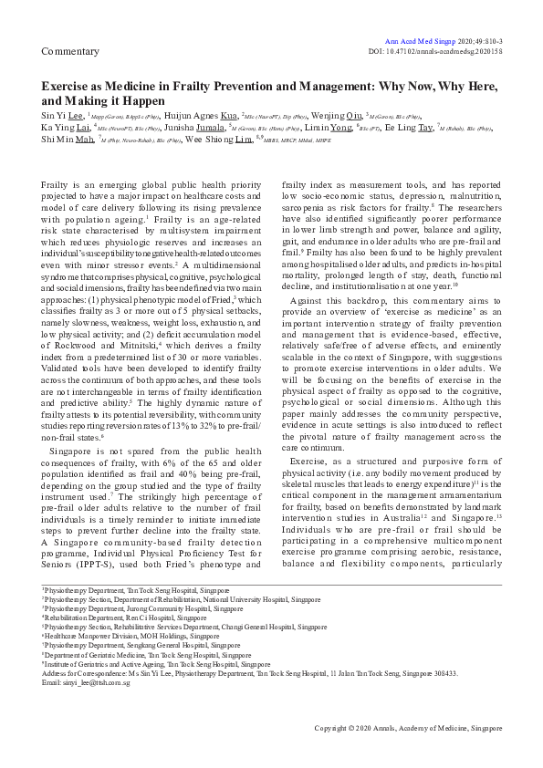 (PDF) Exercise as Medicine in Frailty Prevention and Management: Why ...