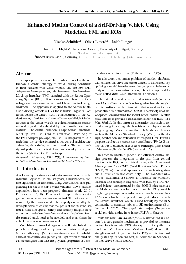 (PDF) Enhanced Motion Control of a Self-Driving Vehicle Using Modelica, FMI and ROS