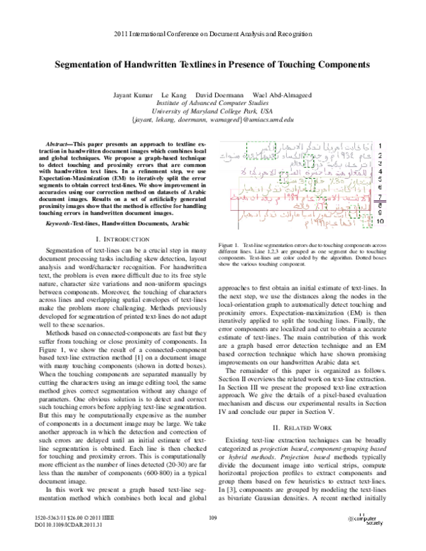 (PDF) Segmentation of Handwritten Textlines in Presence of Touching Components