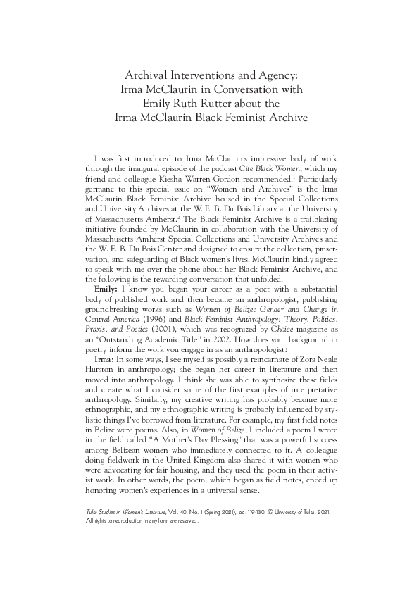 (PDF) Archival Interventions and Agency: Irma McClaurin in Conversation ...