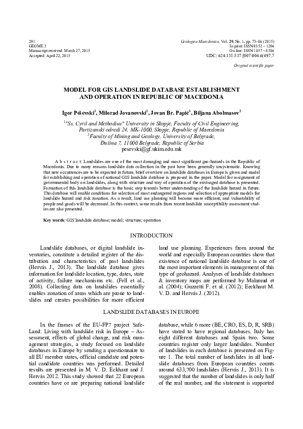 (PDF) Model for Gis Landslide Database Establishment and Operation in Republic of Macedonia