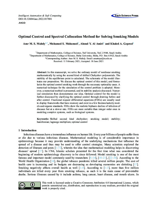 Pdf Optimal Control And Spectral Collocation Method For Solving Smoking Models Amr Mahdy