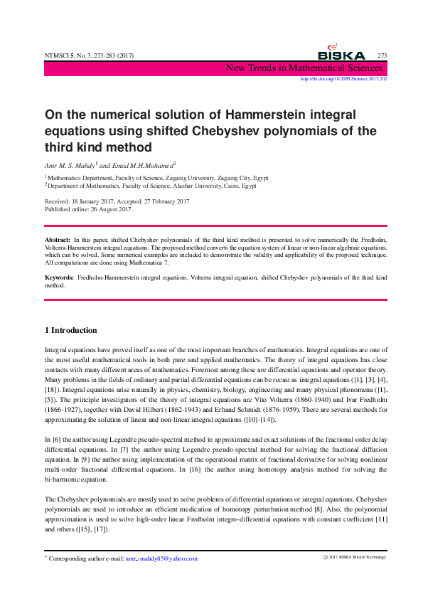 (PDF) Numerical Solution of Hammerstein Integral Equations using Chebyshev Polynomials
