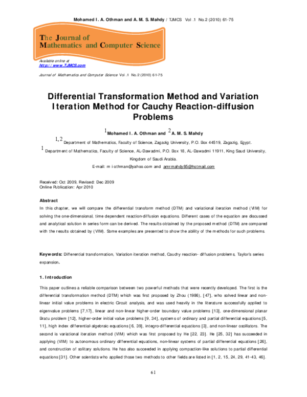 (PDF) Differential Transformation Method and Variation Iteration Method for Cauchy Reaction ...