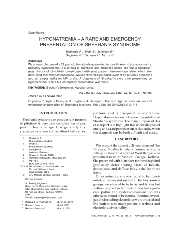 (PDF) Hyponatremia - a Rare and Emergency Presentation of Sheehan's ...