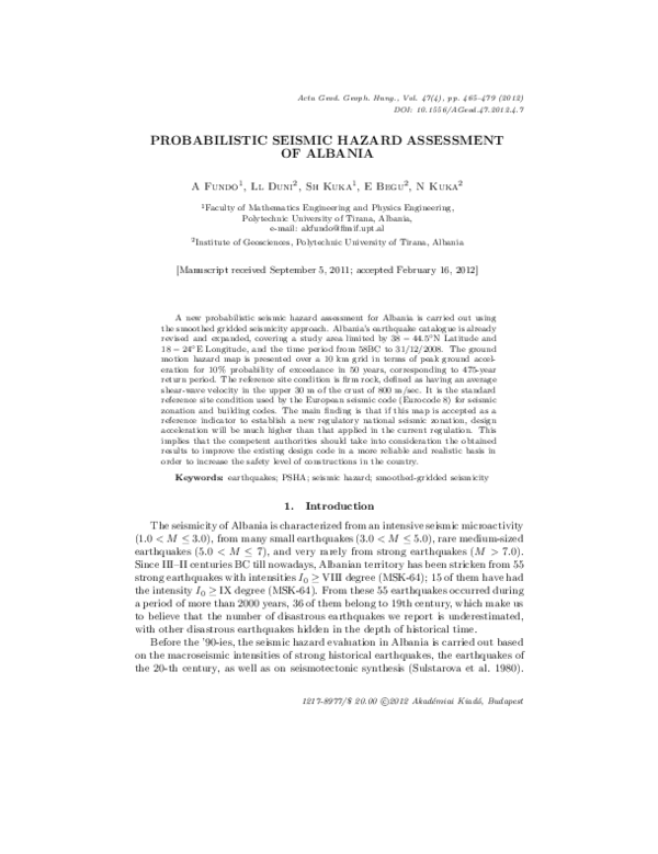 (PDF) Probabilistic seismic hazard assessment of Albania