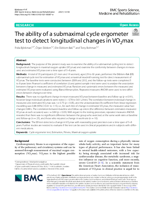 Pdf The Ability Of A Submaximal Cycle Ergometer Test To Detect