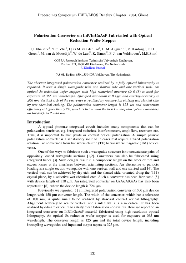 (PDF) Polarization converter on InP/InGaAsP fabricated with optical reduction wafer stepper