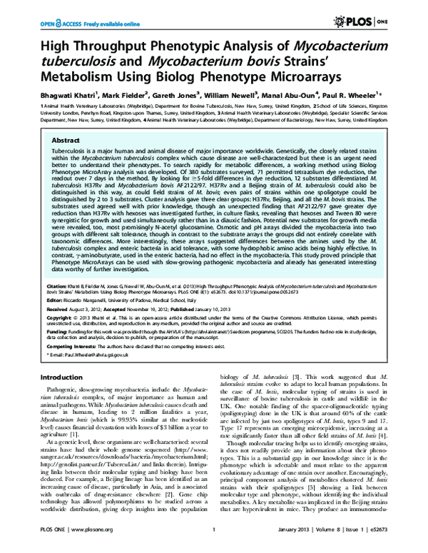 (PDF) High Throughput Phenotypic Analysis of Mycobacterium tuberculosis and Mycobacterium bovis ...