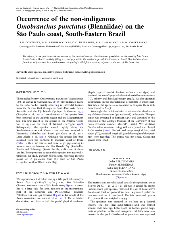 (PDF) Occurrence of the non-indigenous Omobranchus punctatus ...