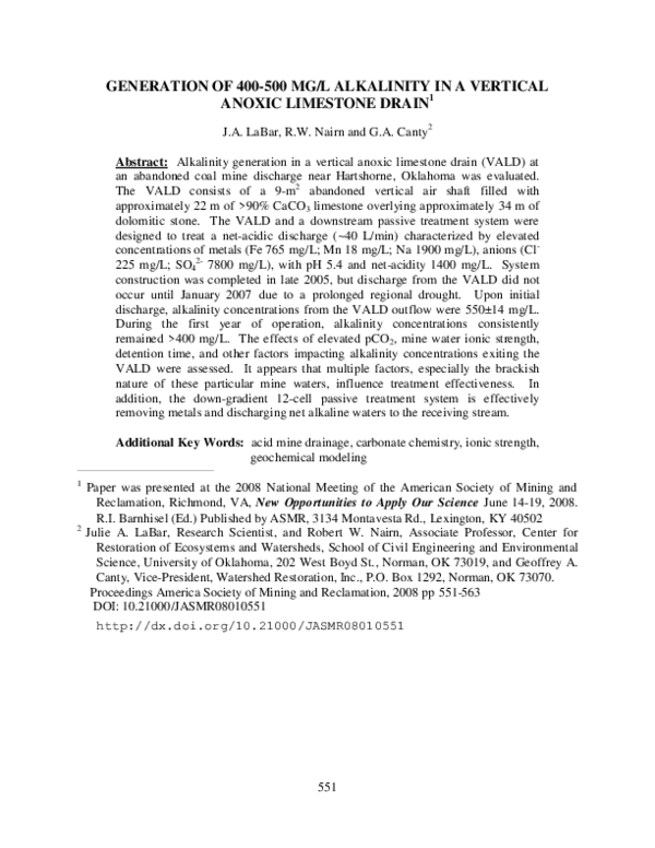 (PDF) Generation of 400-500 MG/L Alkalinity in a Vertical Anoxic ...