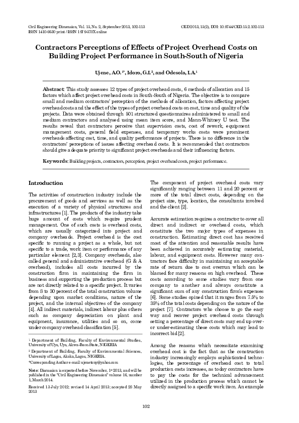 (PDF) Contractors Perceptions of Effects of Project Overhead Costs on ...