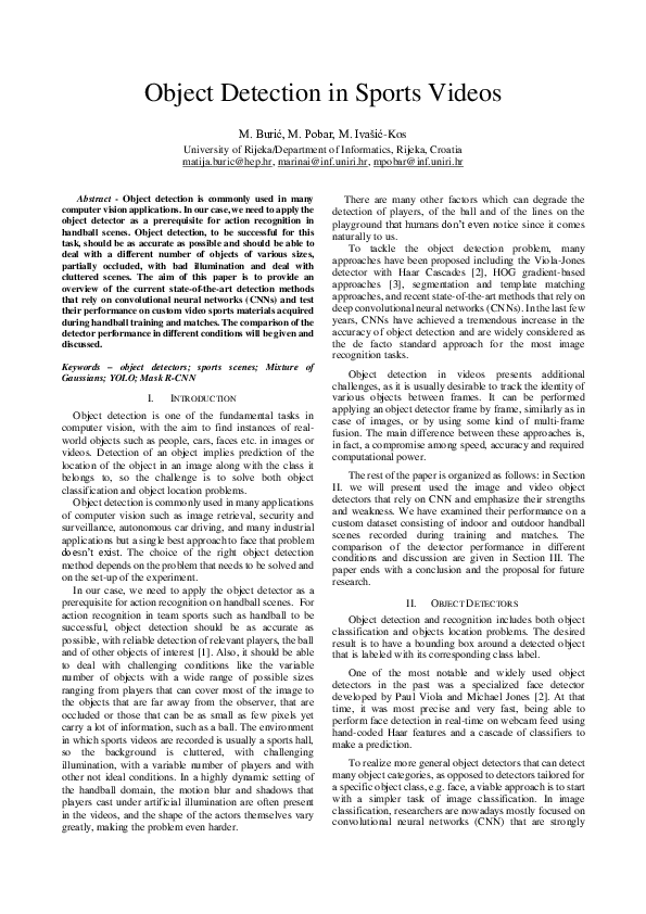 (PDF) Object detection in sports videos