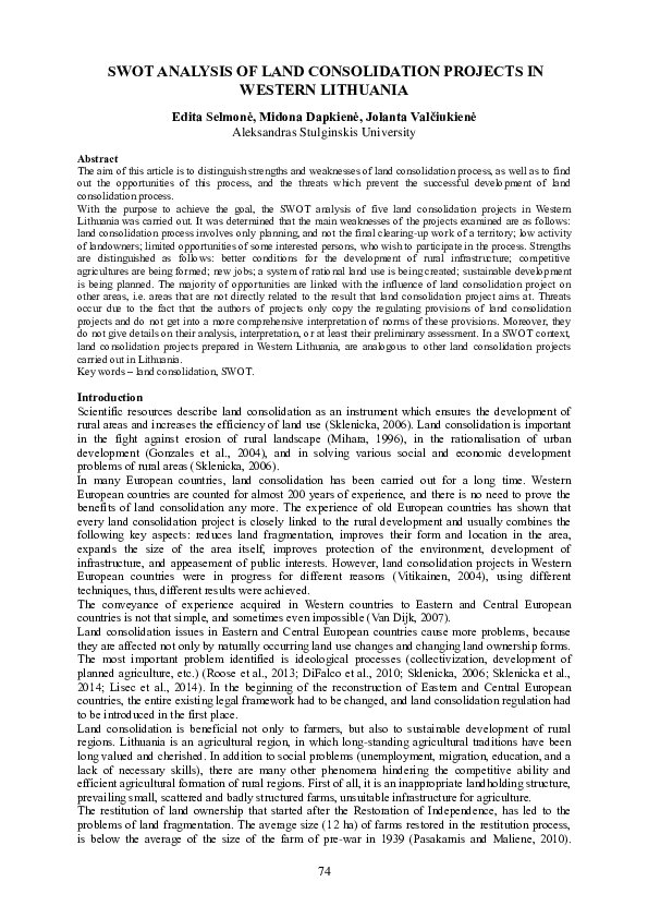 (PDF) Swot Analysis of Land Consolidation Projects in Western Lithuania