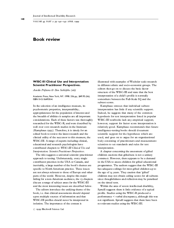 (PDF) WISC-III. Clinical Use and Interpretation: Scientist Practitioner ...