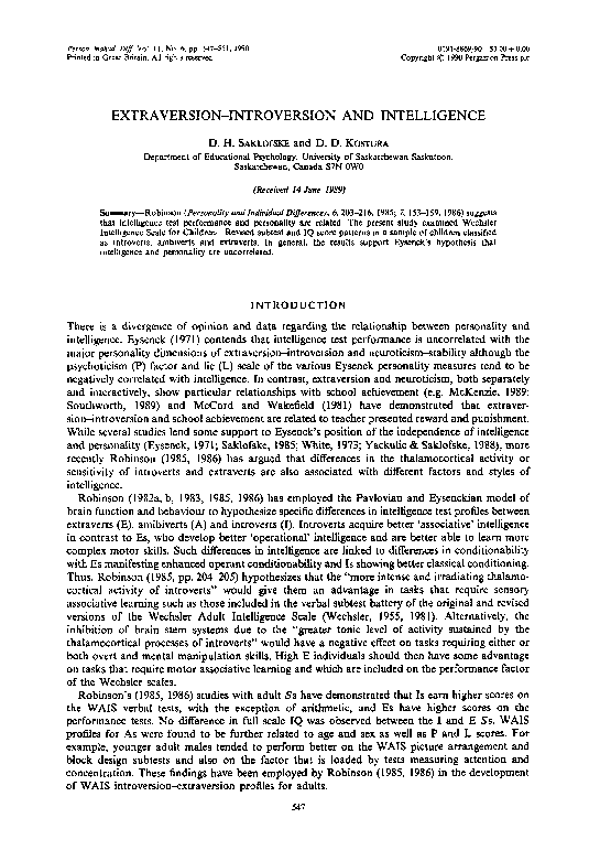 (PDF) Extraversion-introversion and intelligence