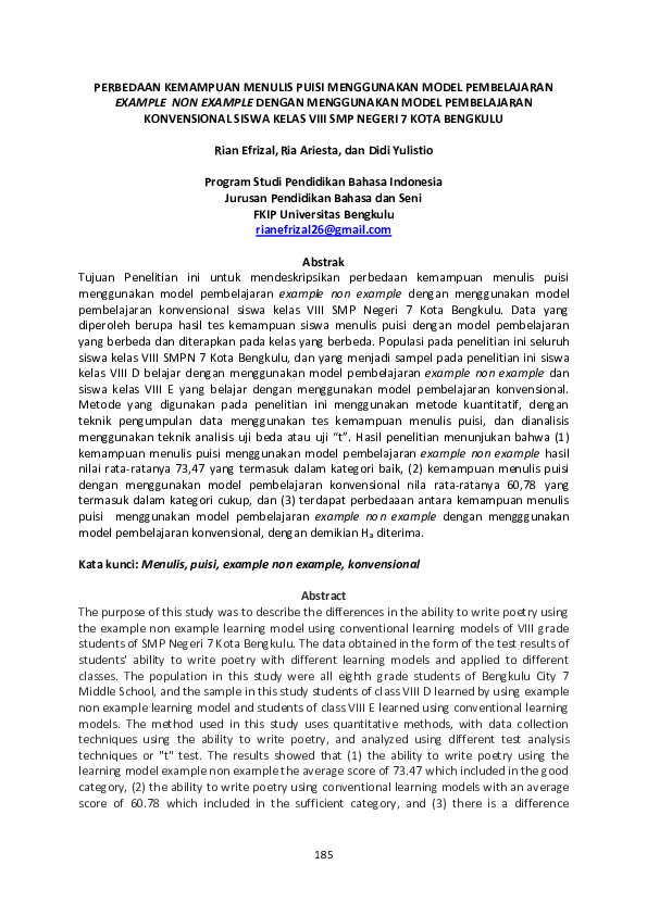 (PDF) Perbedaan Kemampuan Menulis Puisi Menggunakan Model Pembelajaran Example Non Example ...