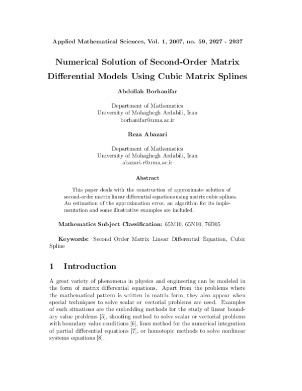 (PDF) Numerical Solution of Second-Order Matrix Differential Models ...
