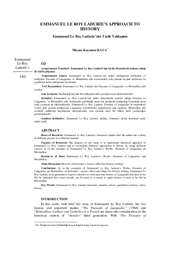 (PDF) Emmanuel Le Roy Ladurie’nin Tarih Yaklaşımı - Emmanuel Le Roy ...