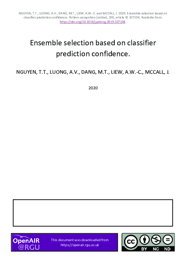 (PDF) Ensemble Selection based on Classifier's Confidence in Prediction