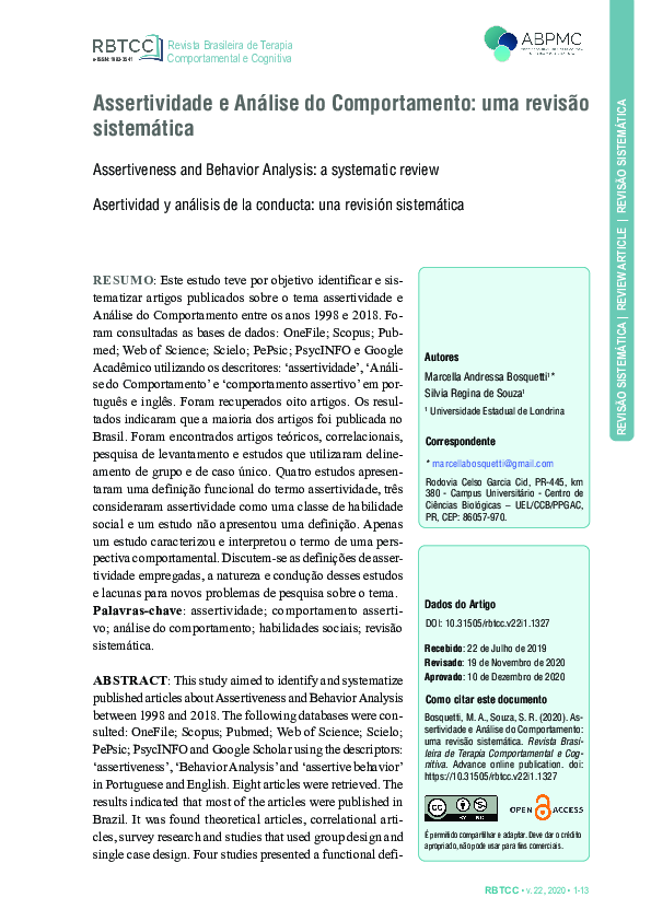(PDF) Assertividade e Análise do Comportamento: uma revisão sistemática Assertiveness and ...