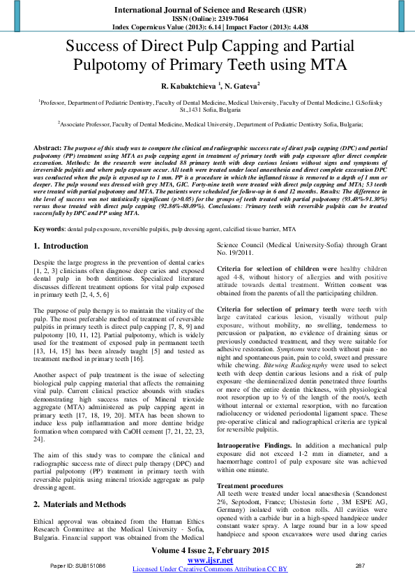 (PDF) Success of Direct Pulp Capping and Partial Pulpotomy of Primary ...