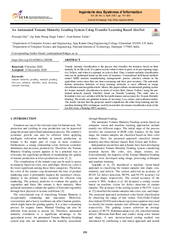 (PDF) An Automated Tomato Maturity Grading System Using Transfer Learning Based AlexNet