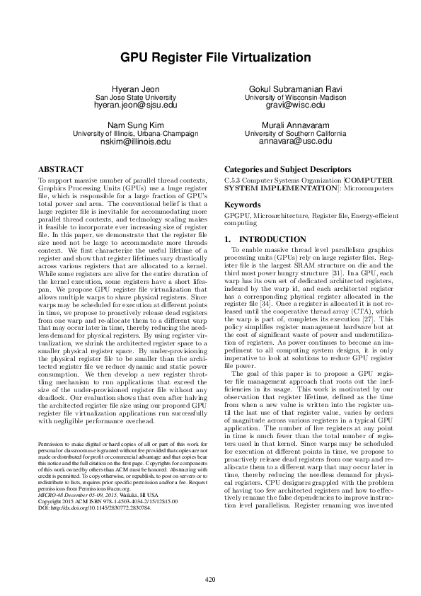 (PDF) GPU register file virtualization