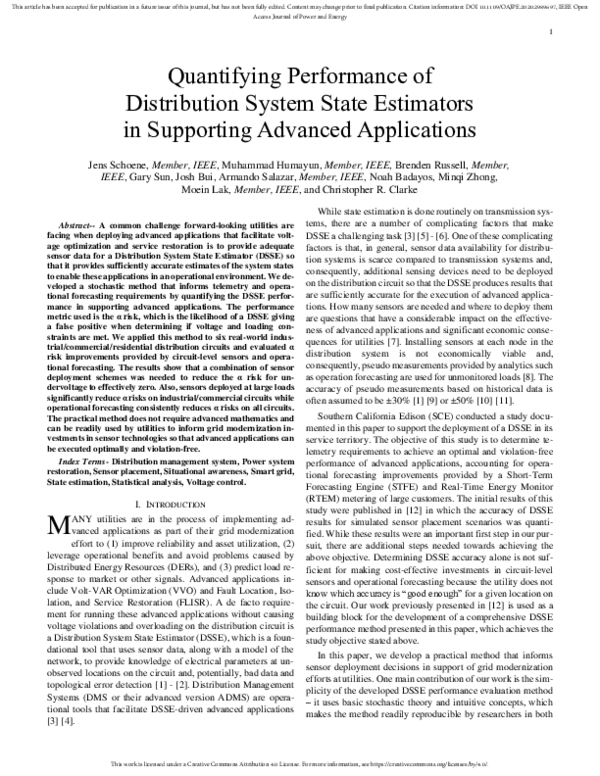 Pdf Quantifying Performance Of Distribution System State Estimators