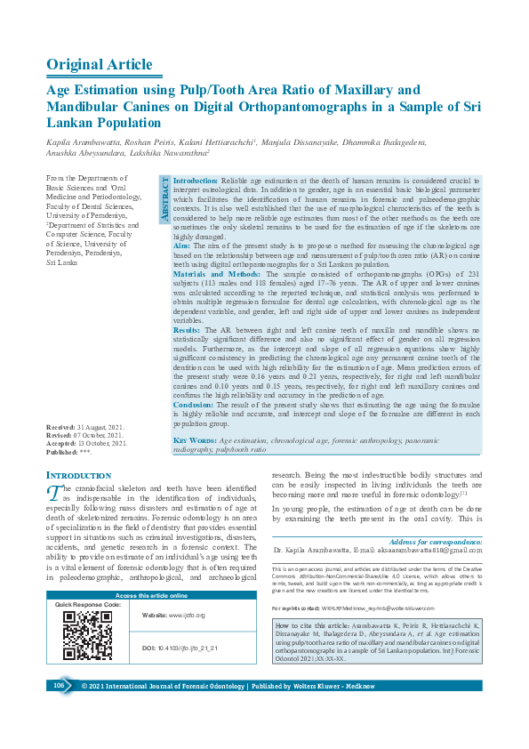 (PDF) Age Estimation using Pulp/Tooth Area Ratio of Maxillary and Mandibular Canines on Digital ...