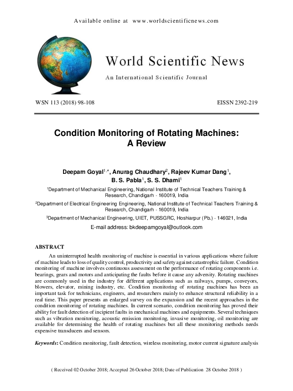 (PDF) Condition Monitoring of Rotating Machines: A Review
