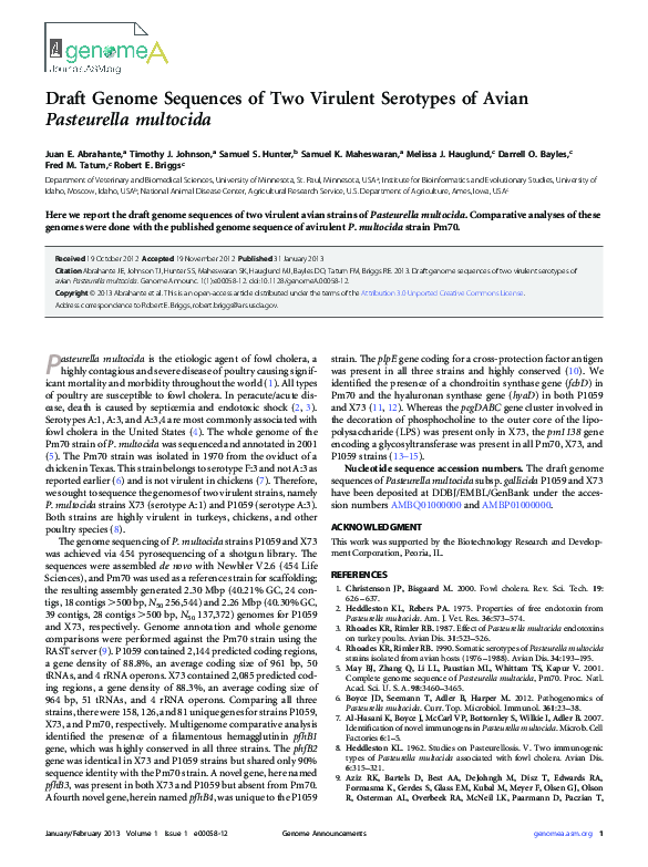 (PDF) Draft Genome Sequences of Two Virulent Serotypes of Avian Pasteurella multocida | Fred ...