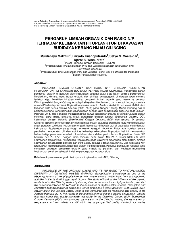 (PDF) Pengaruh Limbah Organik dan Rasio N/P Terhadap Kelimpahan Fitoplankton di Kawasan Budidaya ...
