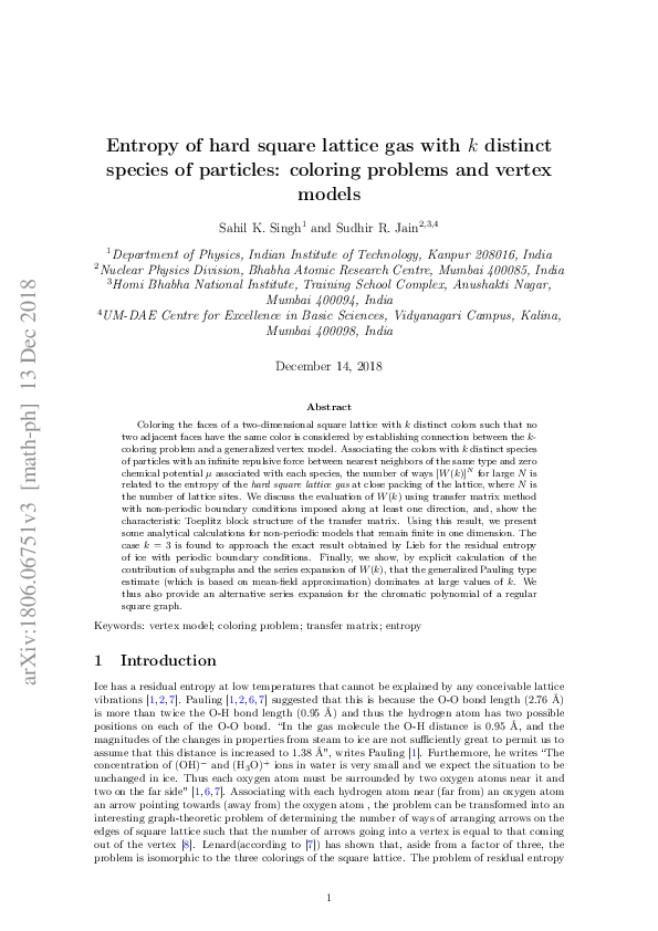 (PDF) Entropy of hard square lattice gas with k distinct species of ...