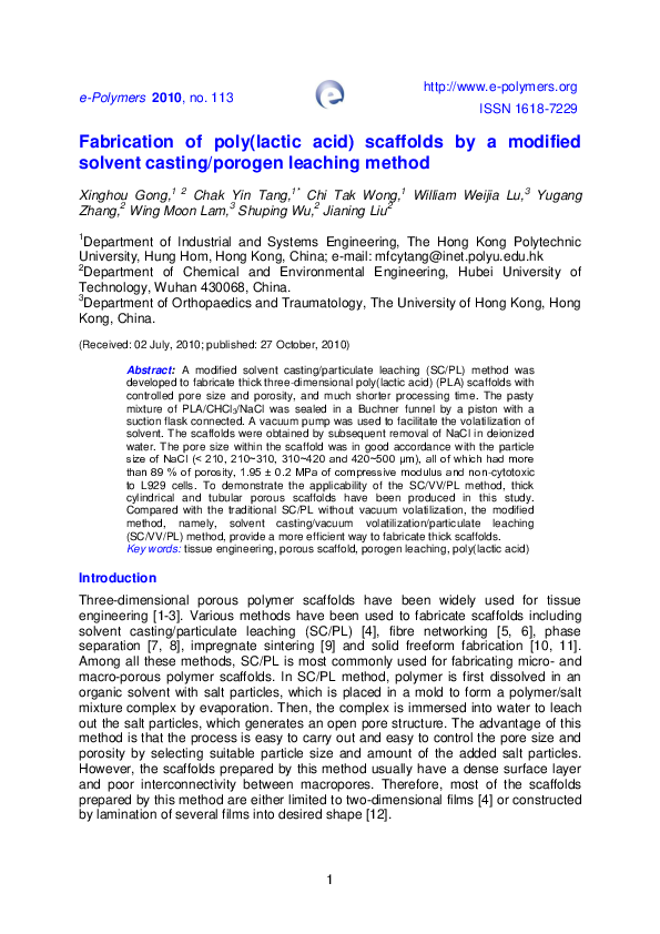 (PDF) Fabrication of poly (lactic acid) scaffolds by a modified solvent cast-ing/porogen ...