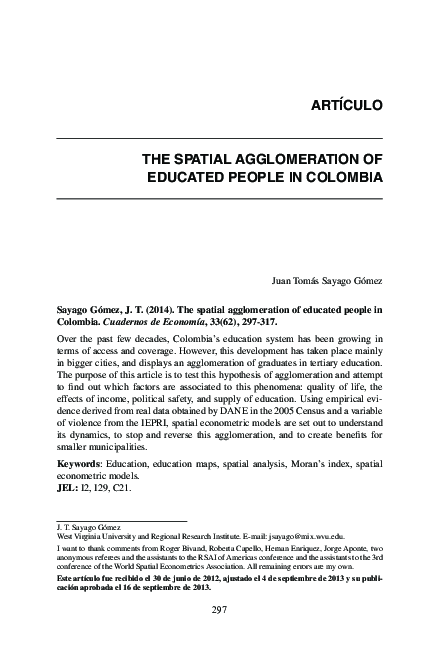 (PDF) The Spatial Agglomeration of Educated People in Colombia (La ...