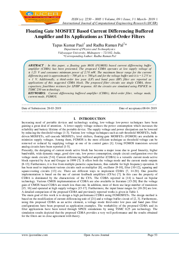 Pdf Floating Gate Mosfet Based Current Differencing Buffered
