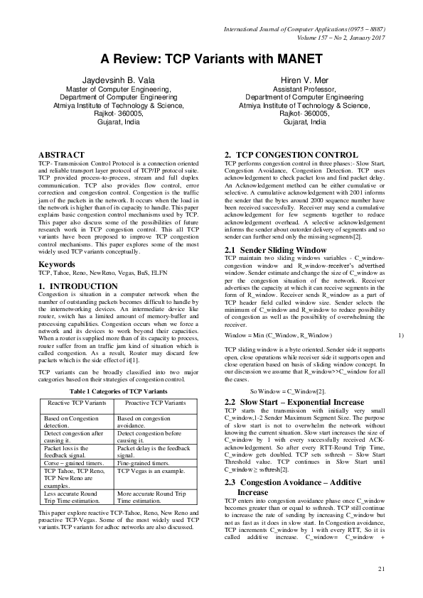 (PDF) A Review: TCP Variants with MANET