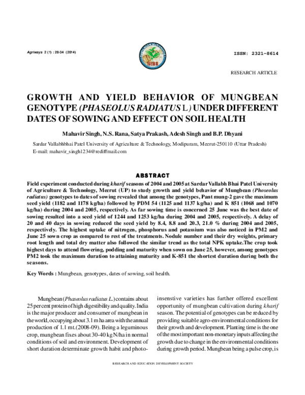 (PDF) Growth and Yield Behavior of Mungbean Genotype (Phaseolus ...