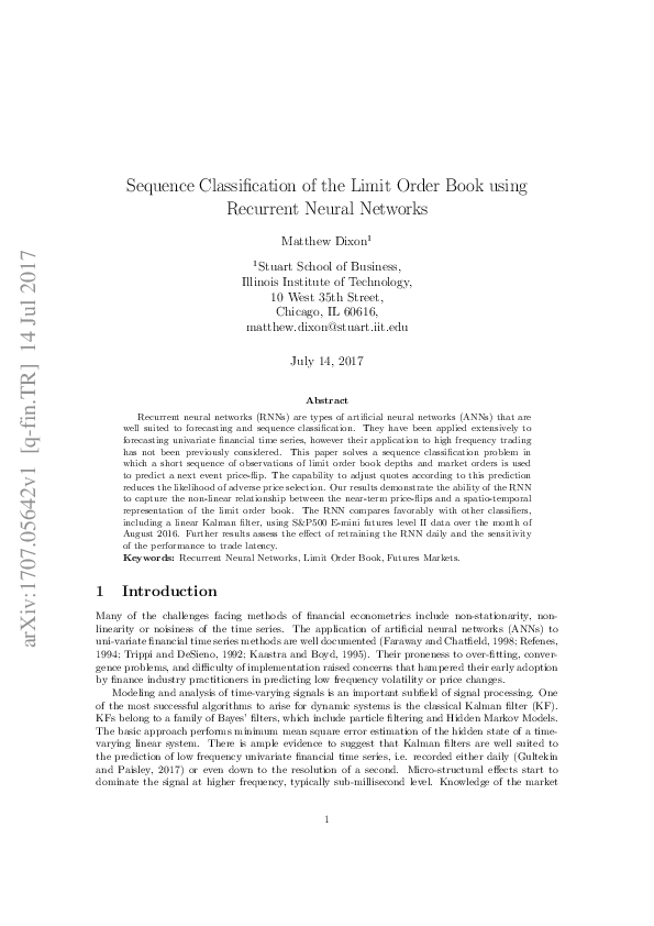 Pdf Sequence Classification Of The Limit Order Book Using Recurrent Neural Networks Matthew
